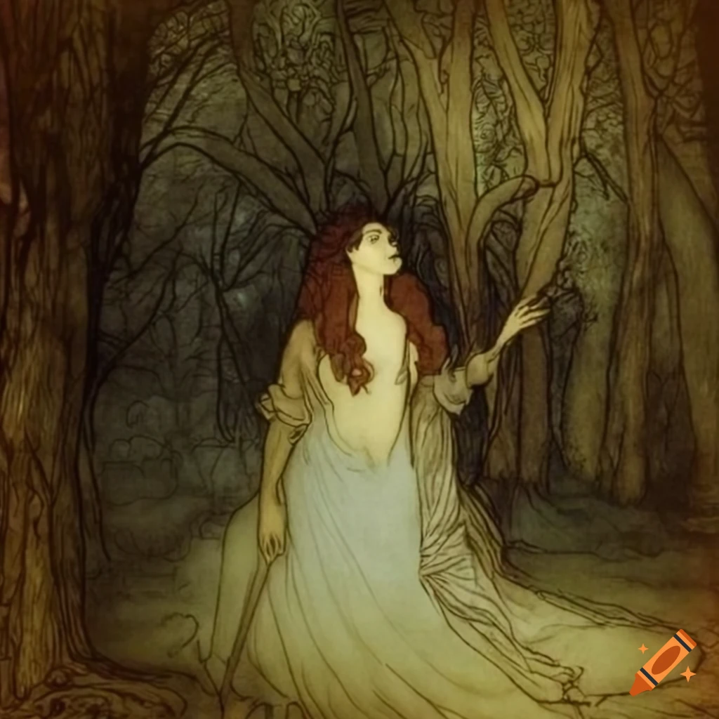 Artistic depiction of Luthien dancing in a cathedral-like forest on Craiyon