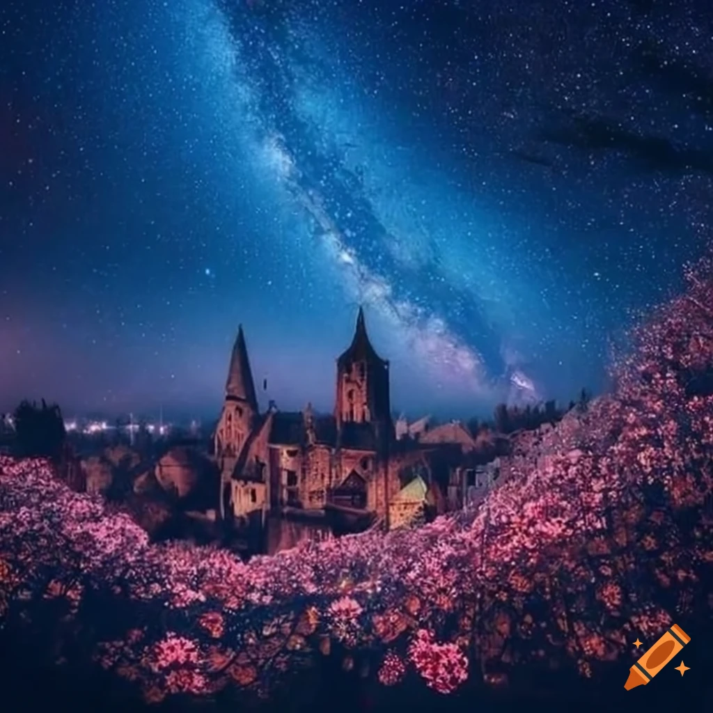 Medieval city under a starry night sky