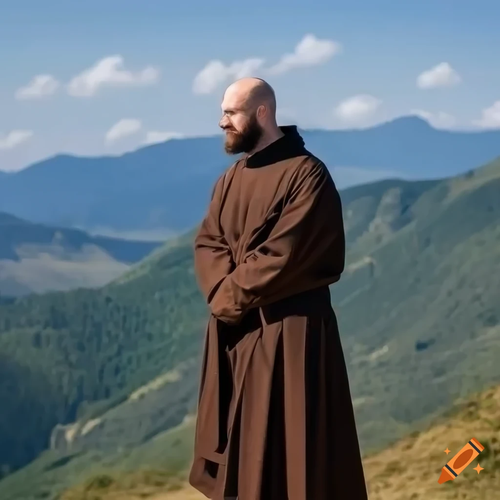 A bald bearded man dressed as a monk on a hilltop on Craiyon