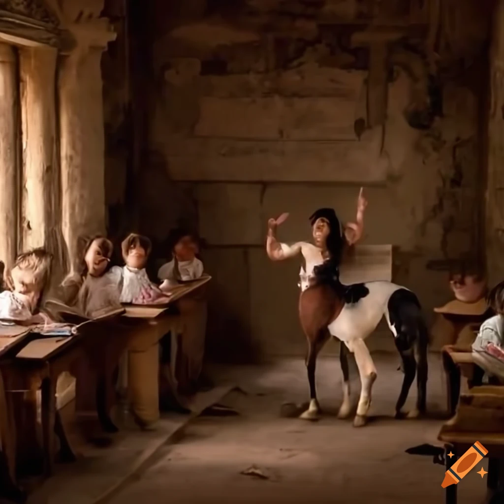 Cinematic photo of a centaur teaching in a classroom