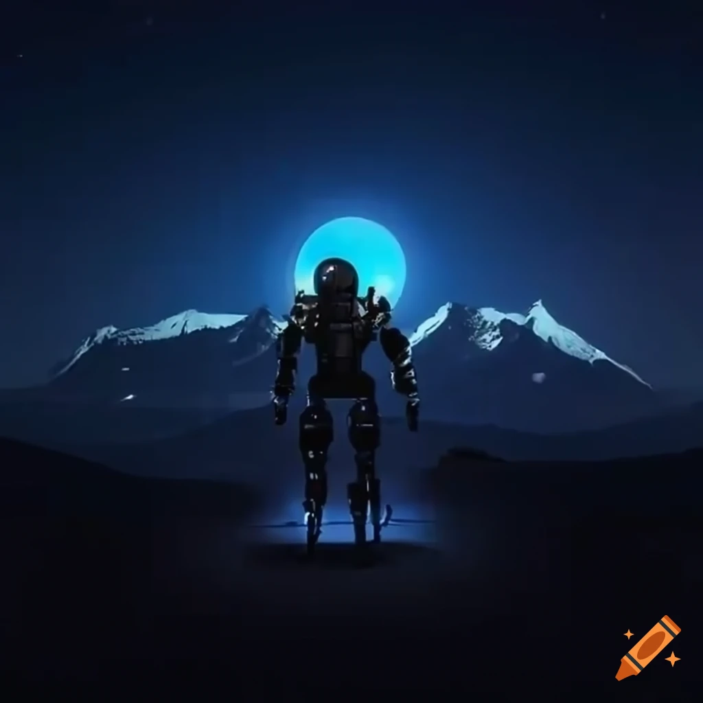 Nighttime robot sentries in a snowy mountain landscape
