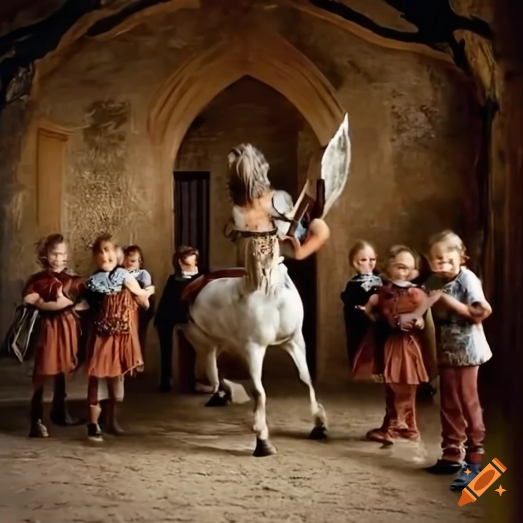 Cinematic photograph of a centaur warrior teaching children on Craiyon