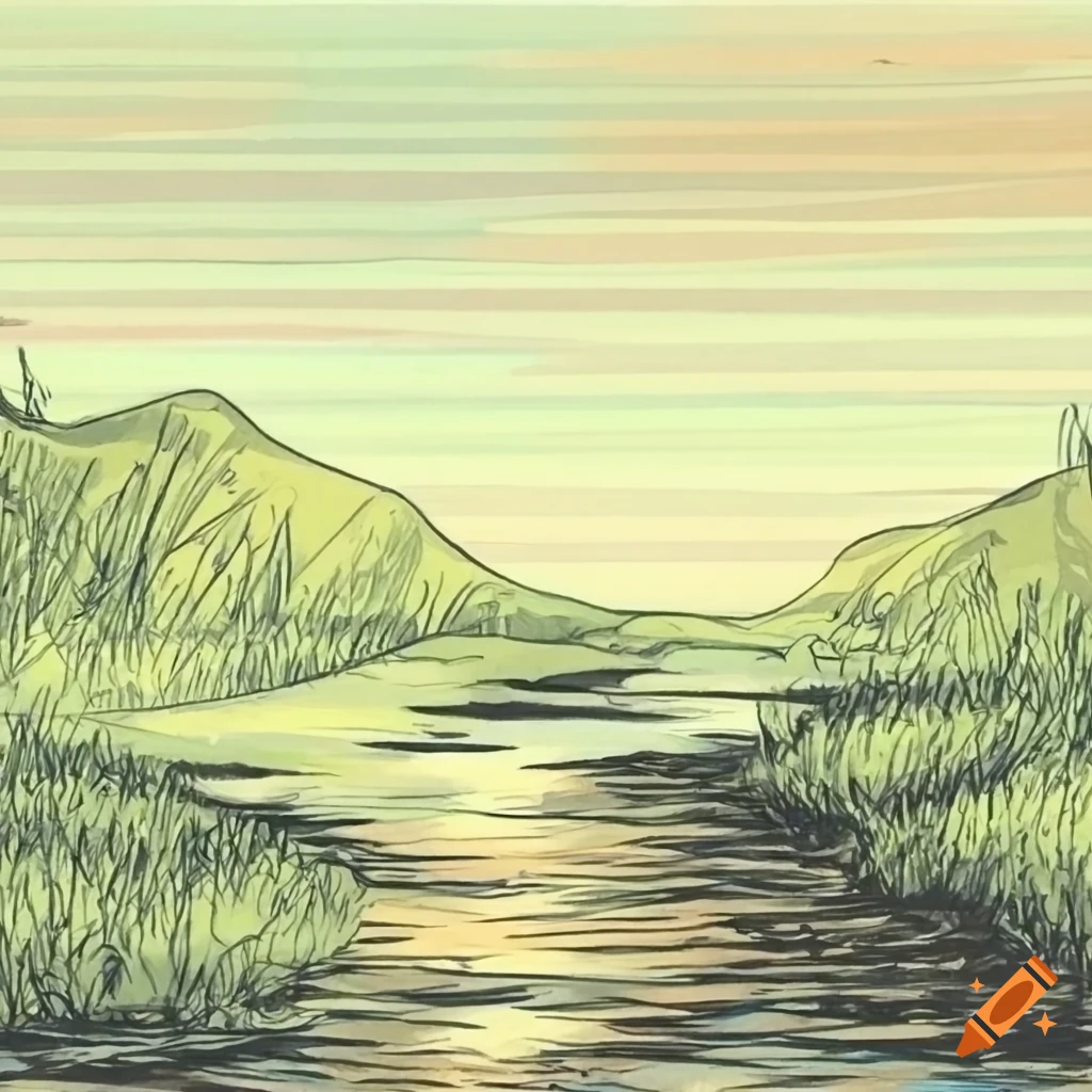 Crayon drawing of a grassland with a river