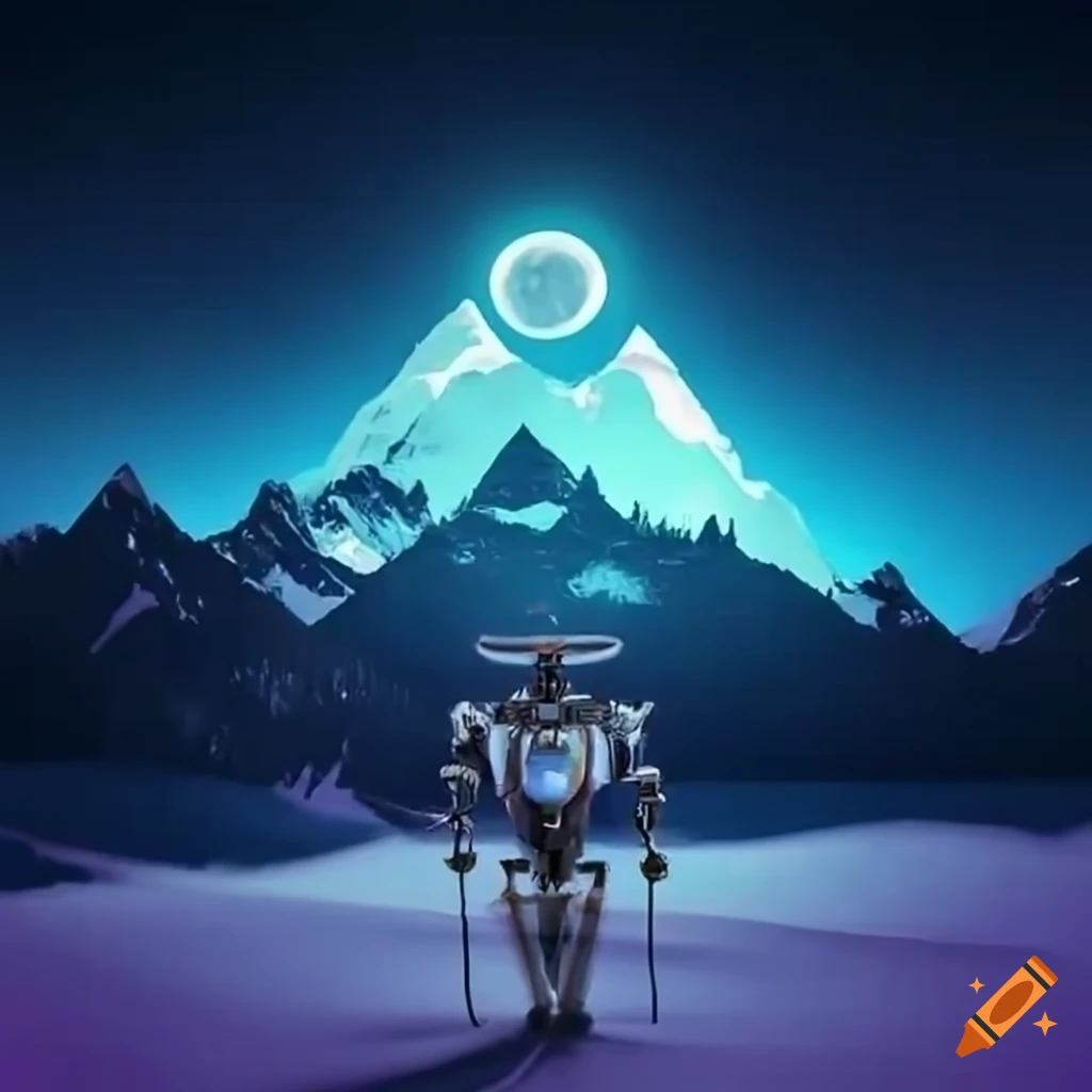 Nighttime robot sentries in a snowy mountain landscape on Craiyon