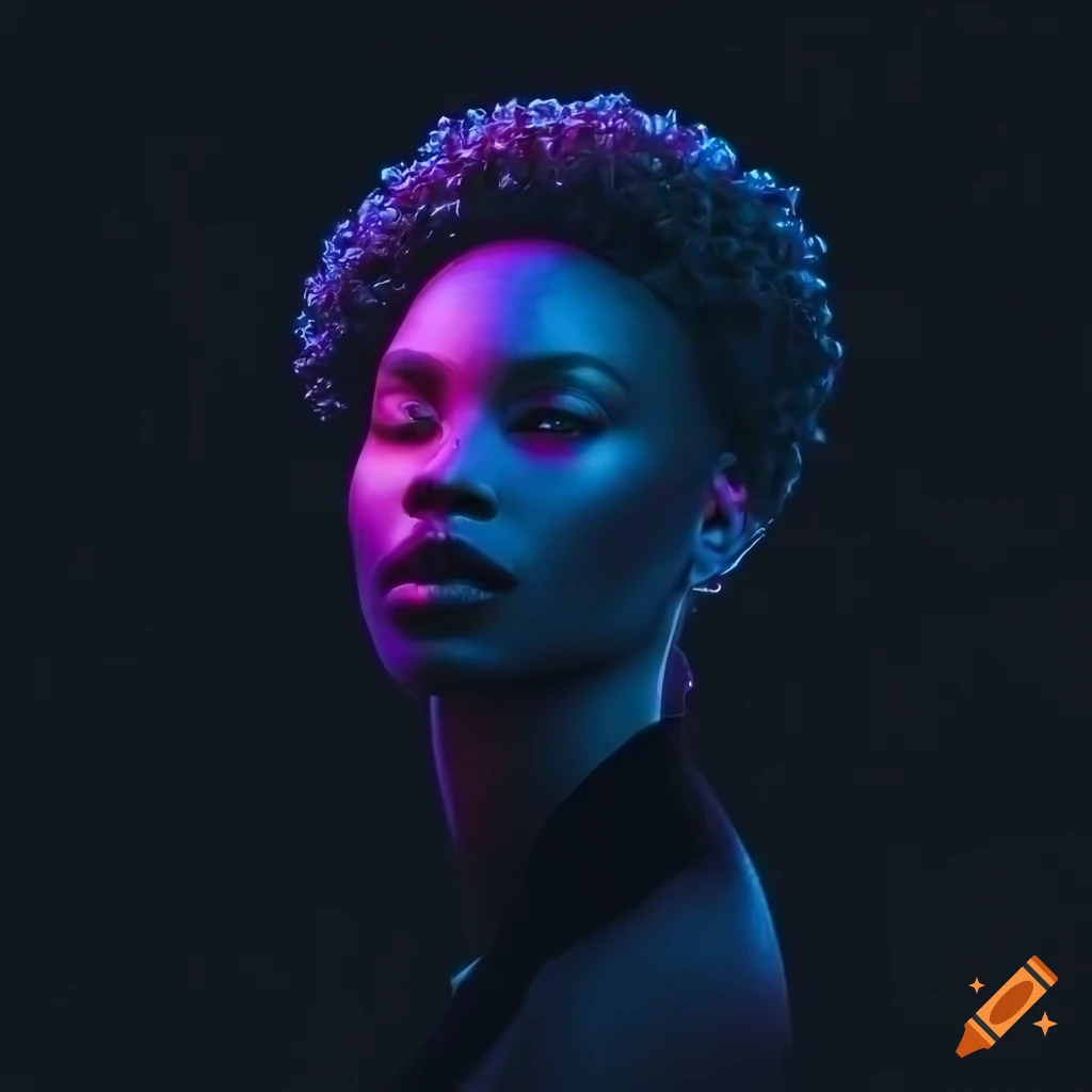 Dramatic portrait of a beautiful model in neon lights on Craiyon