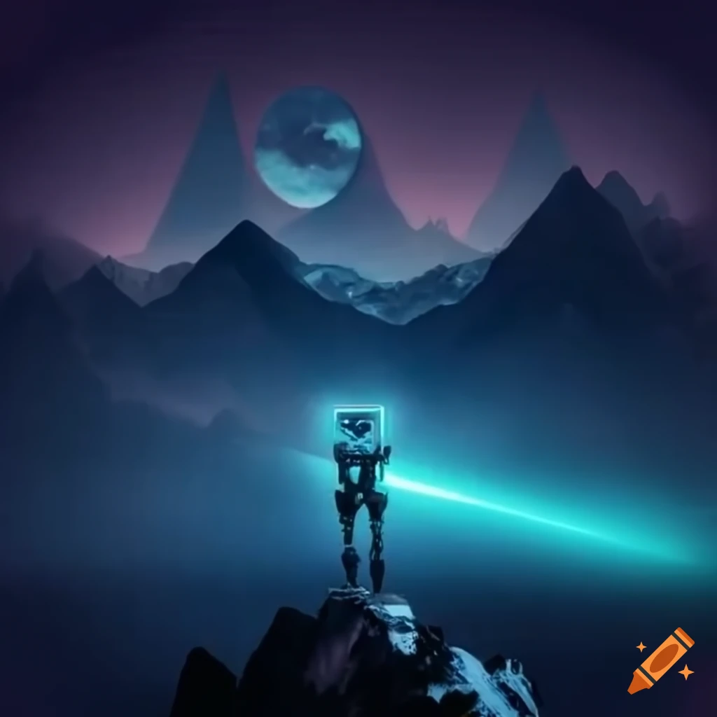 Nighttime robot sentries in a snowy mountain landscape