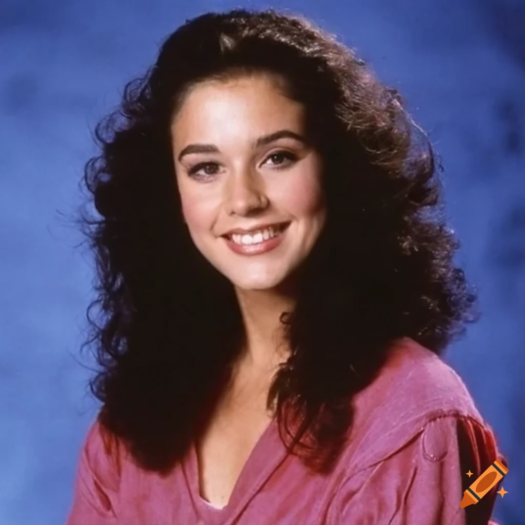 Portrait of a young brunette in a 1986 TV show promo on Craiyon