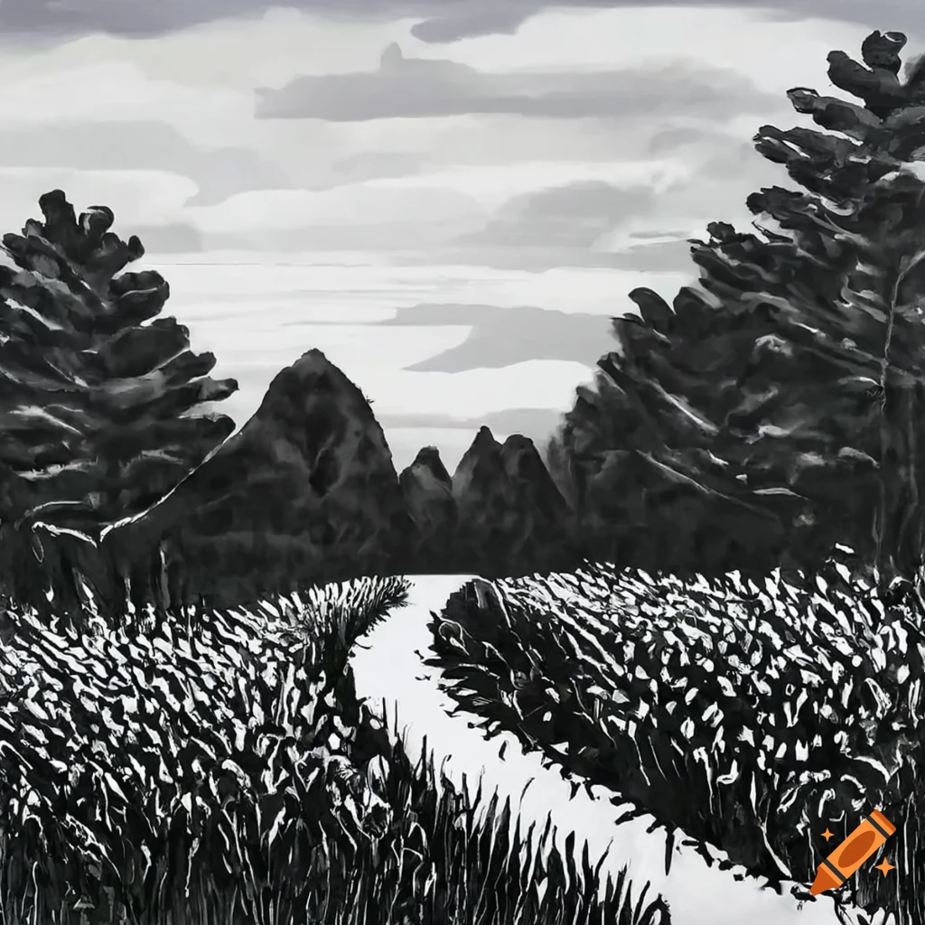 Black and white meadow landscape in banksy street art style