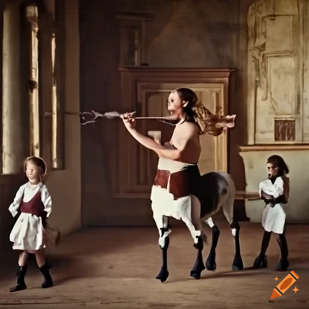 Cinematic photograph of a centaur warrior teaching school children on ...