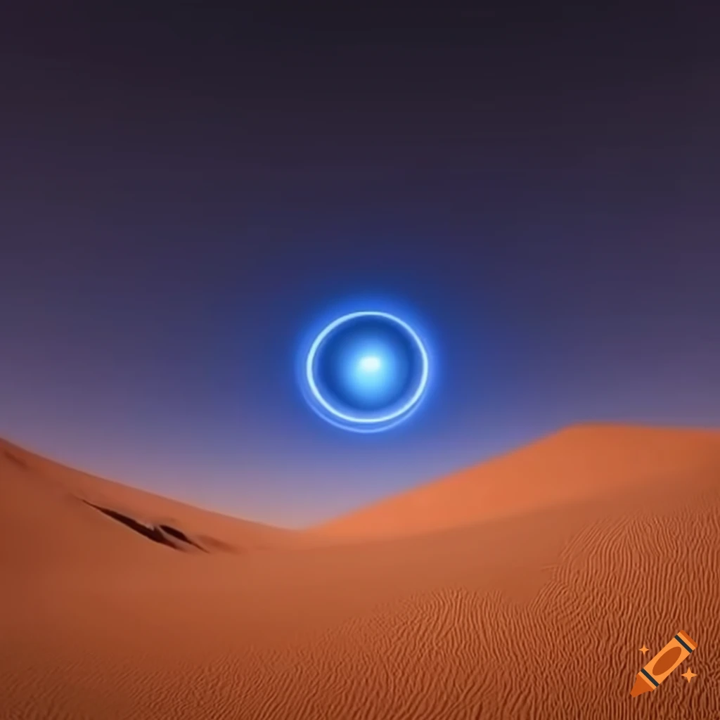 Surreal artwork of infinite sand dunes with magical portals