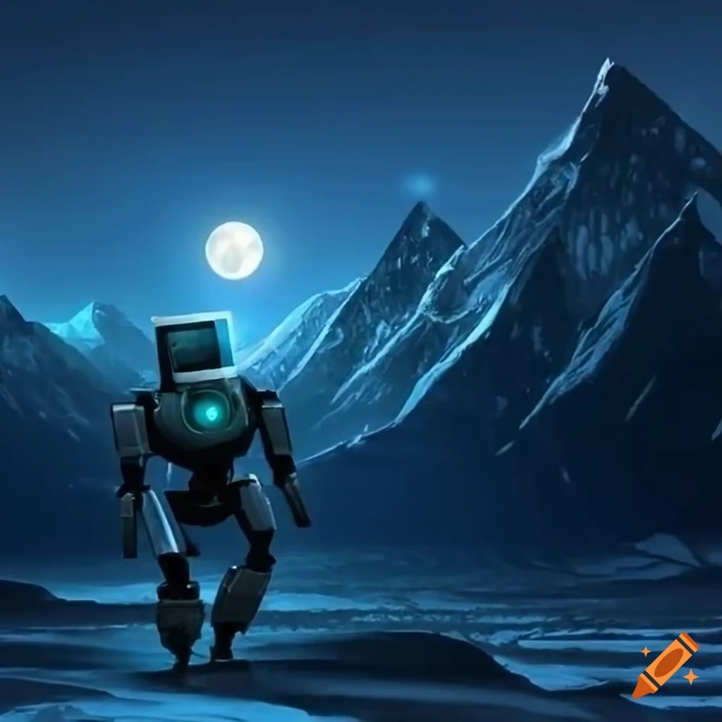 Nighttime robot sentries in a snowy mountain landscape on Craiyon