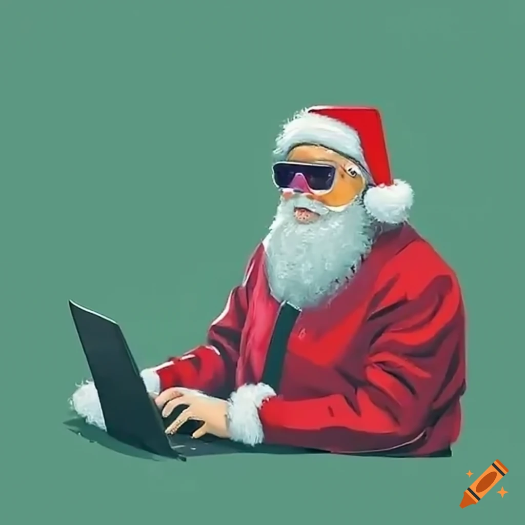Santa working on a computer with sunglasses on Craiyon