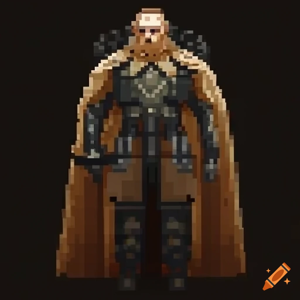 Pixelated warrior in a desert landscape