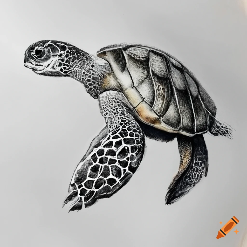 Detailed pencil drawing of a sea turtle