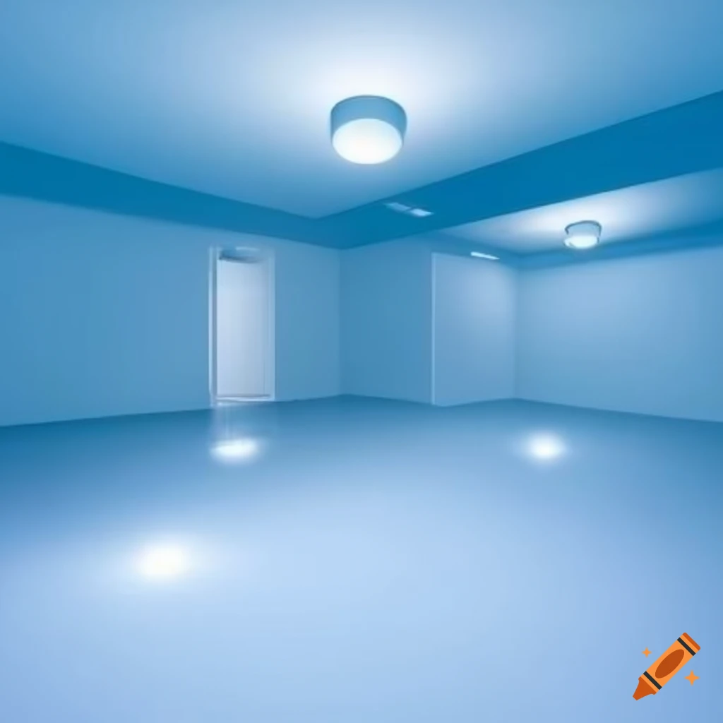 Minimalist white room with ice-blue lights