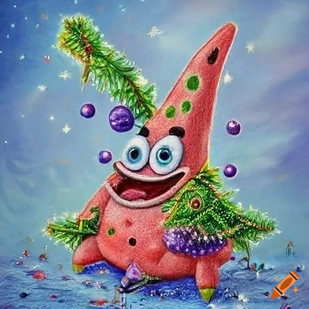 Colored pencil illustration of Patrick Star as a Christmas tree topper ...