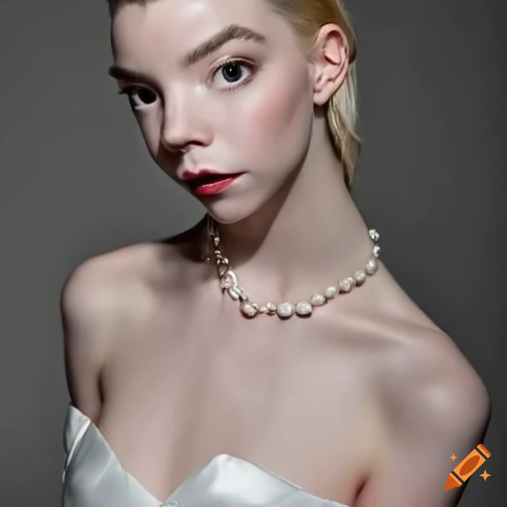 Close up of anya taylor joy wearing a pearl necklace on Craiyon