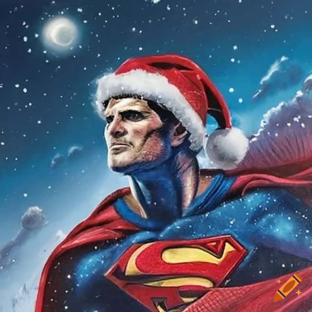 Colored pencil illustration of Superman with a Santa hat flying in the ...