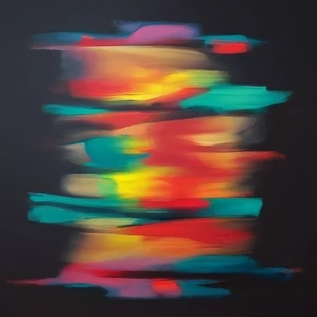 Abstract brutalist painting with bright shapes on black background on ...