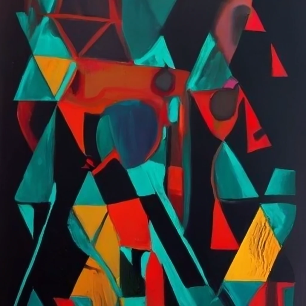 Abstract brutalist painting with bright shapes on black background on ...