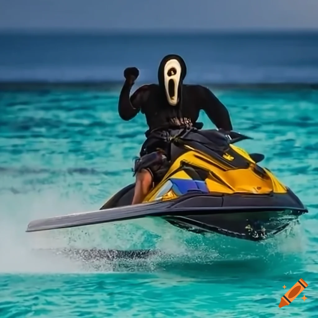 Ghostface from scream riding a jet ski