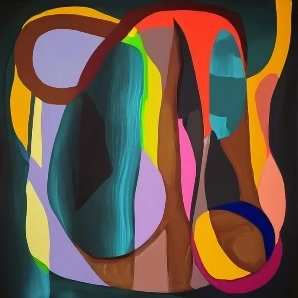 Abstract brutalist painting with bright shapes on black background