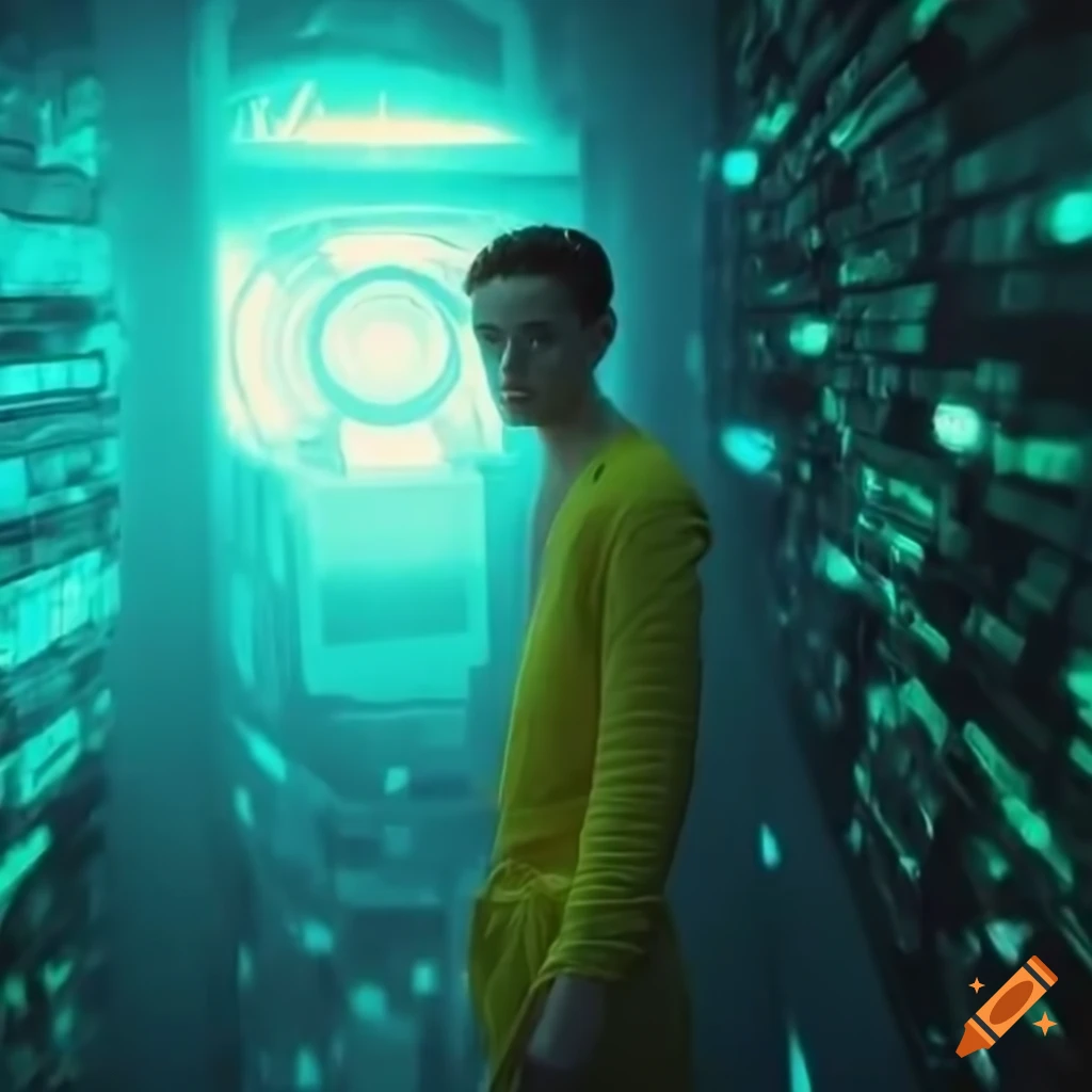 Topher grace in yellow sci fi street wear in futuristic alien hacker ...