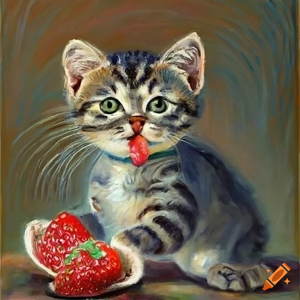 Claude monet painting of gray tabby kitten with a strawberry on Craiyon