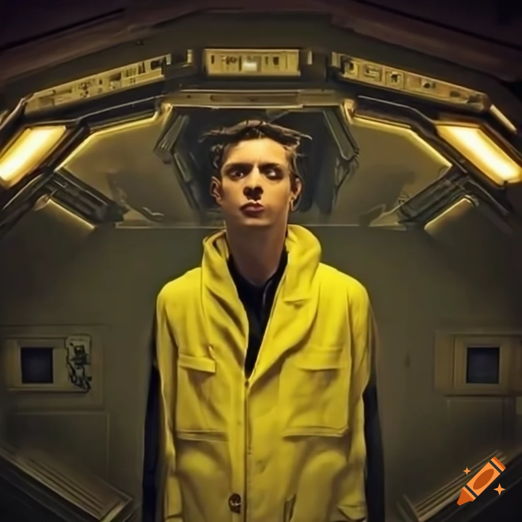 Topher Grace in yellow sci fi street wear in futuristic alien hacker ...