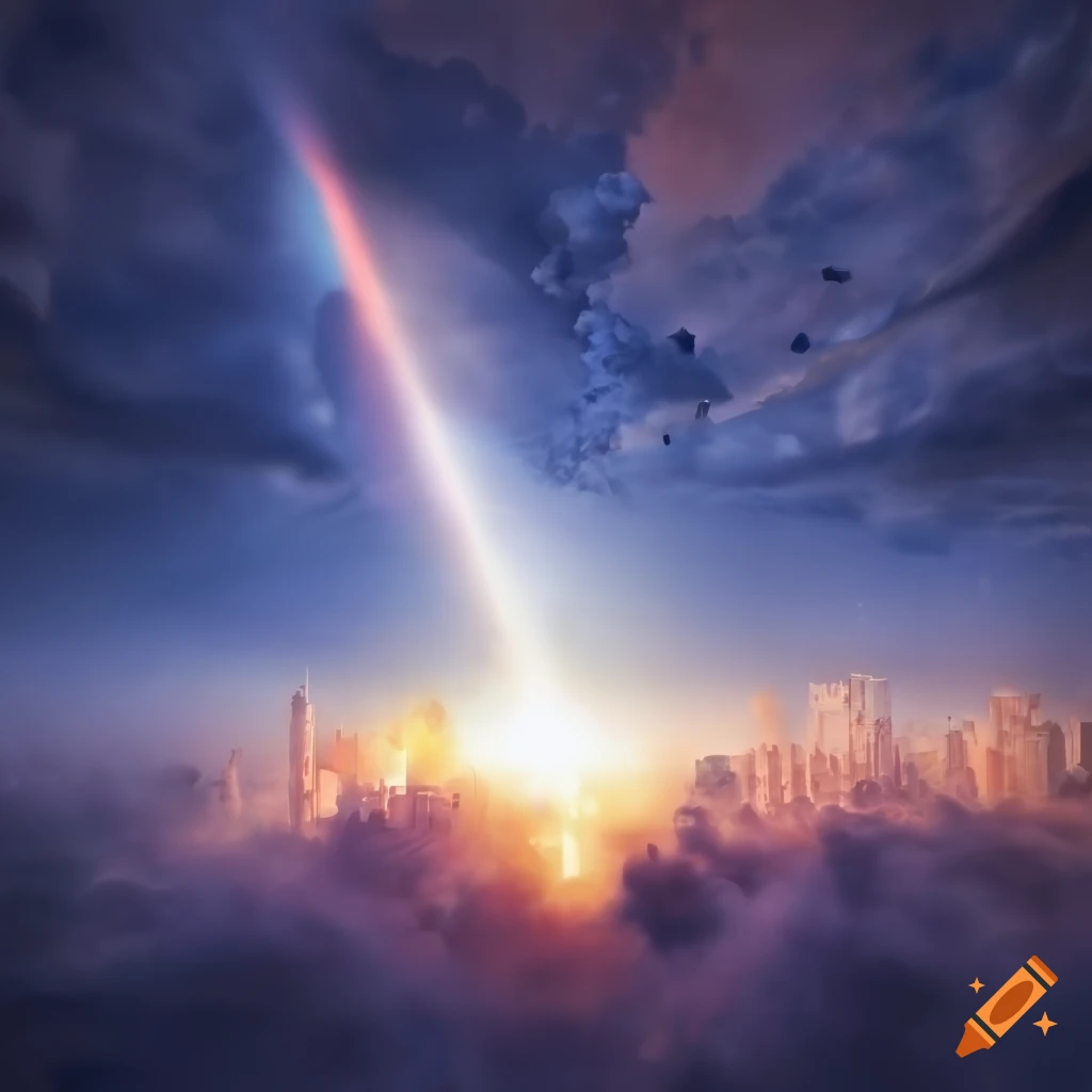 Destructive light beam from the clouds over a city on Craiyon