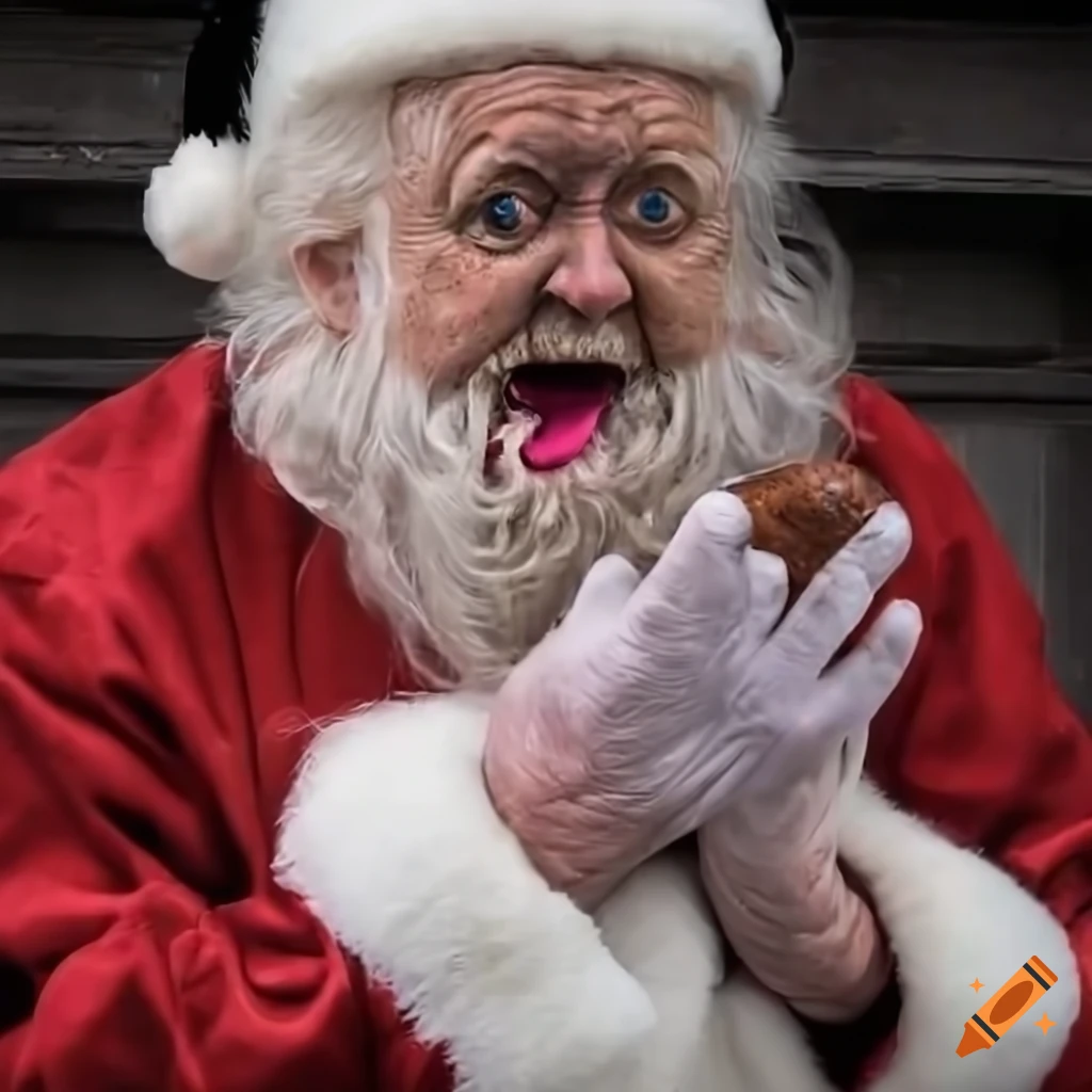 Unconventional santa claus with hot dogs for hands waving on the street ...