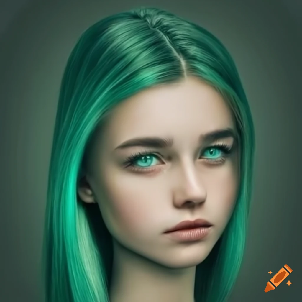 Portrait of a young woman with green skin, long green hair, and green ...