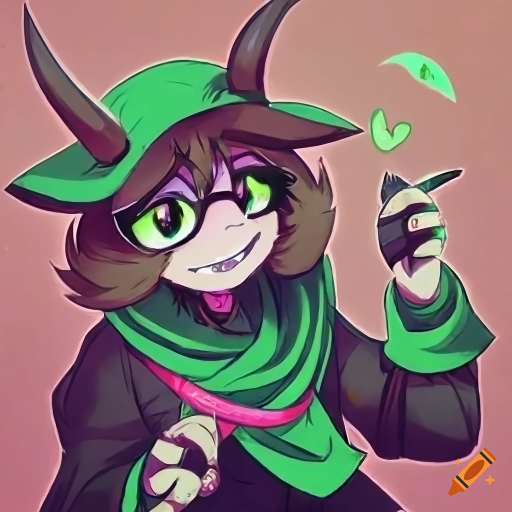 Ralsei, anthro goat boy with green robe and pointed hat on Craiyon