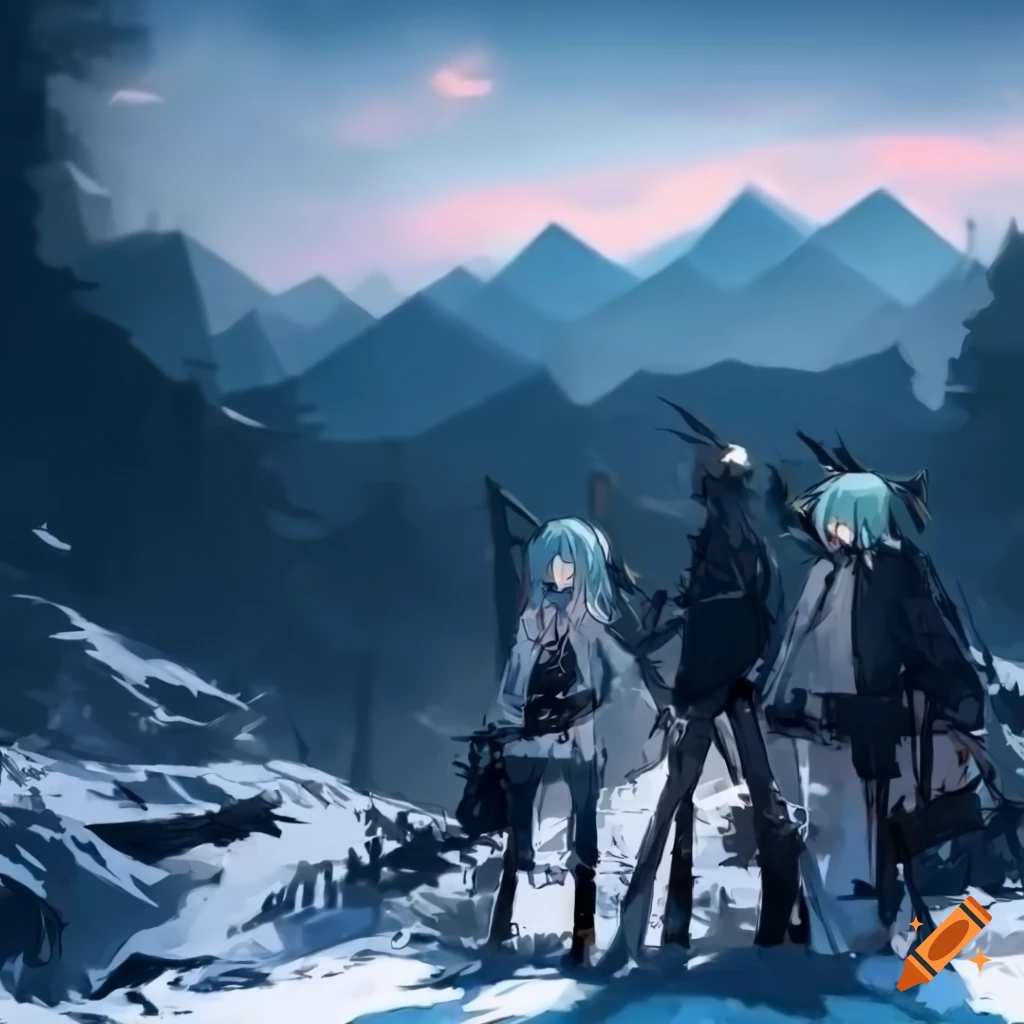 Main characters of Arknights on a snowy battlefield with lush greenery ...