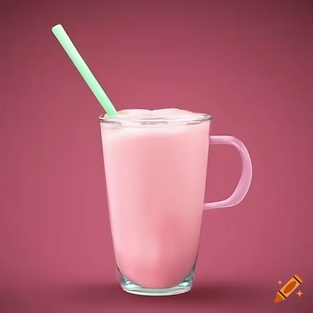 Pink boba milk tea in a glass cup with a straw on Craiyon