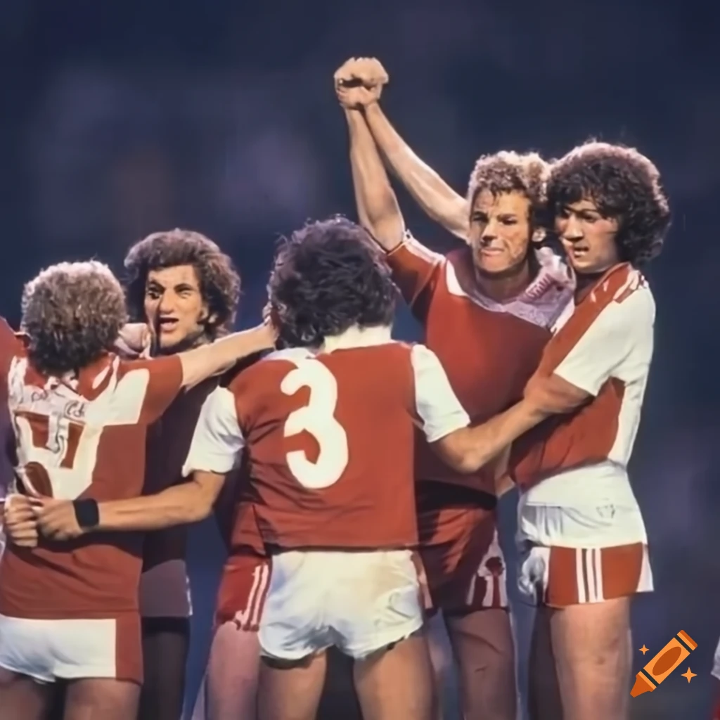 1980s retro soccer player celebrating victory with teammates on the ...