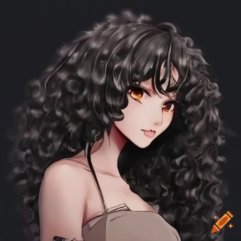 Woman with black curly hair in anime style on Craiyon
