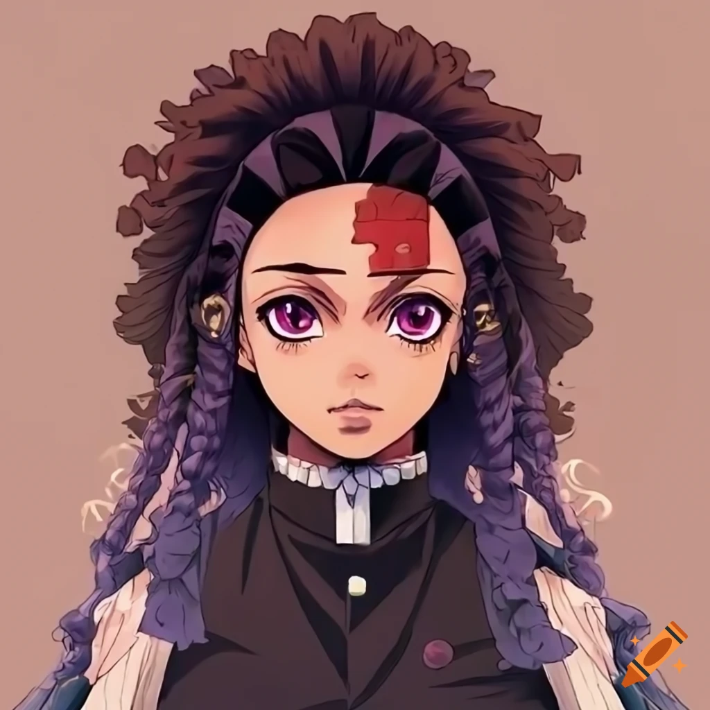 Demon slayer-style artwork of dark-skinned girl with light hair