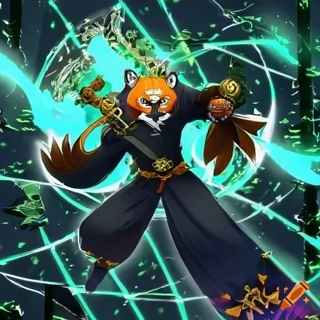 Stylized red panda martial artist in fantasy anime style with intricate ...