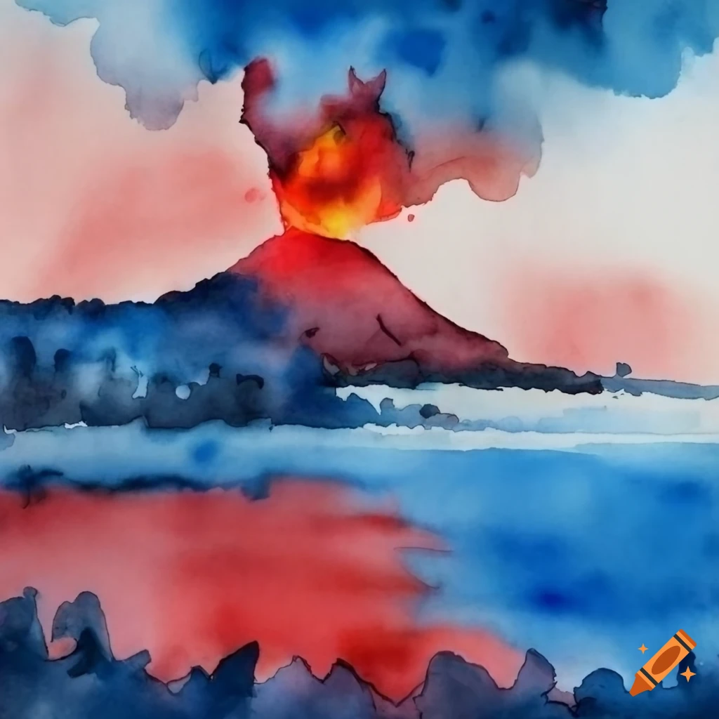 Scalding tarn volcano watercolor painting in blue and red