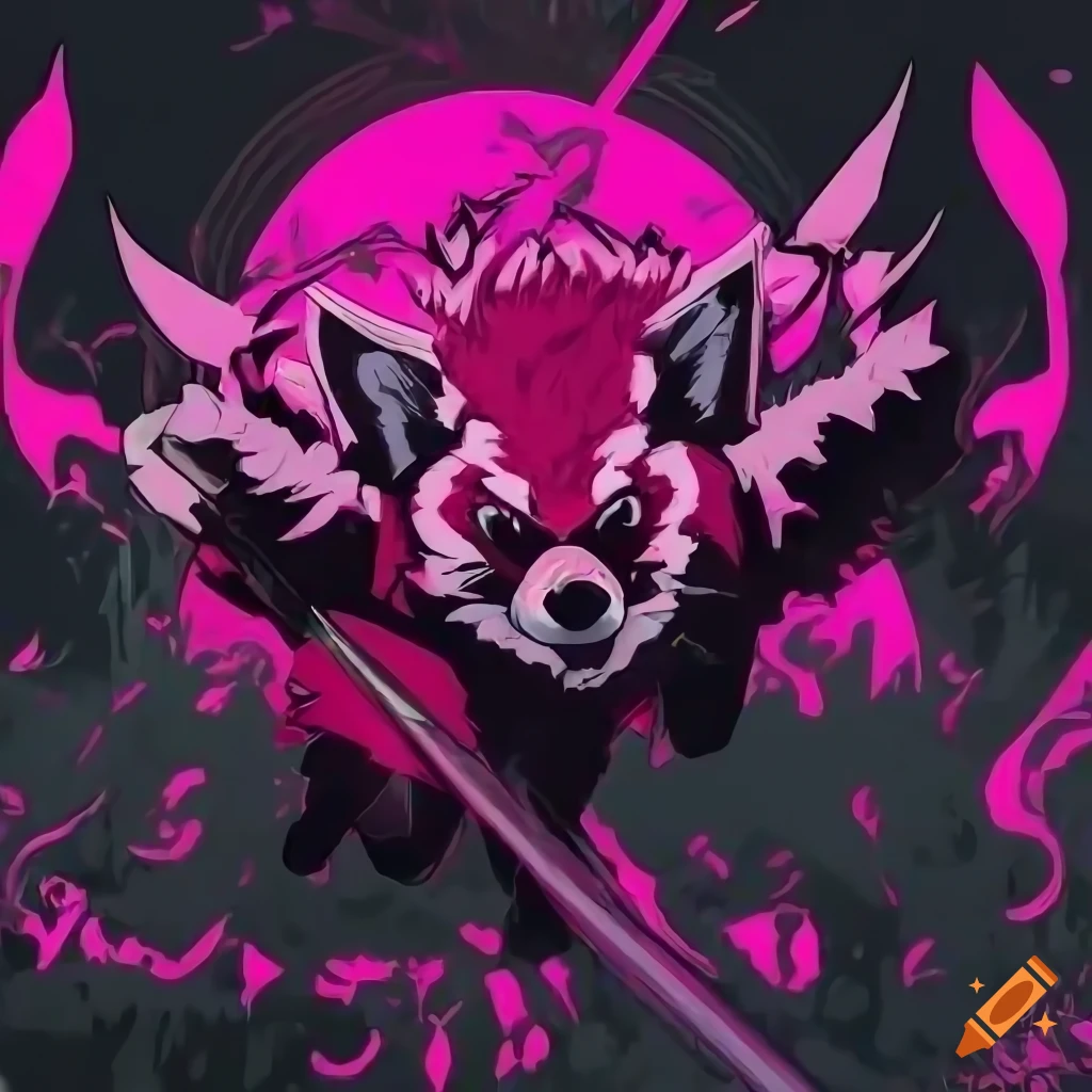 Black and pink cyberpunk red panda demon martial artist in fantasy ...