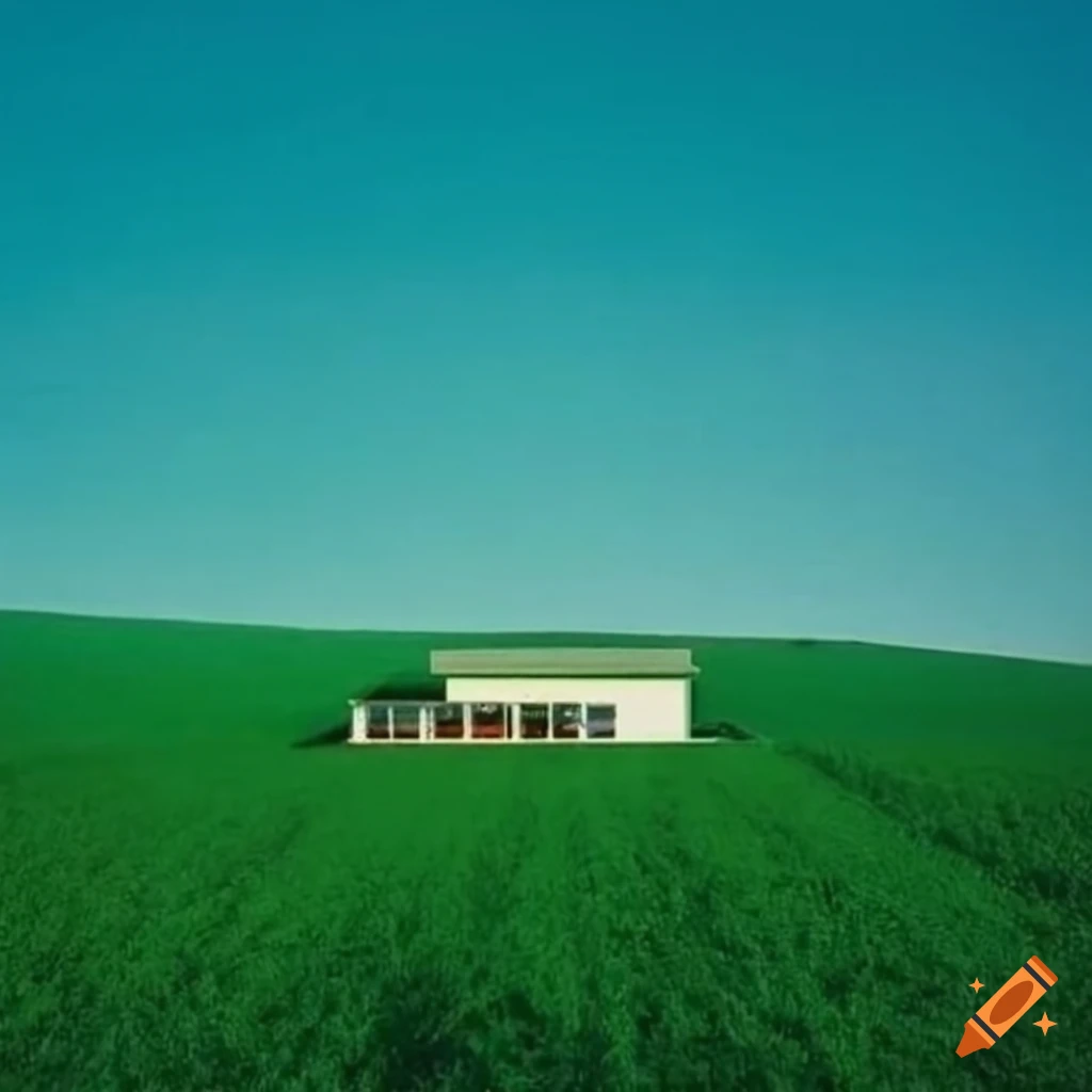 Linear house in endless green field with nostalgic 70s aesthetic on Craiyon