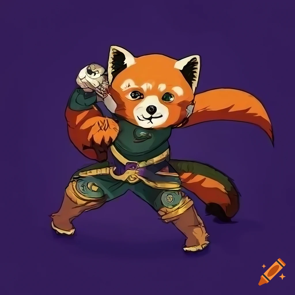 Action-packed stylised red panda character martial artist in anime style