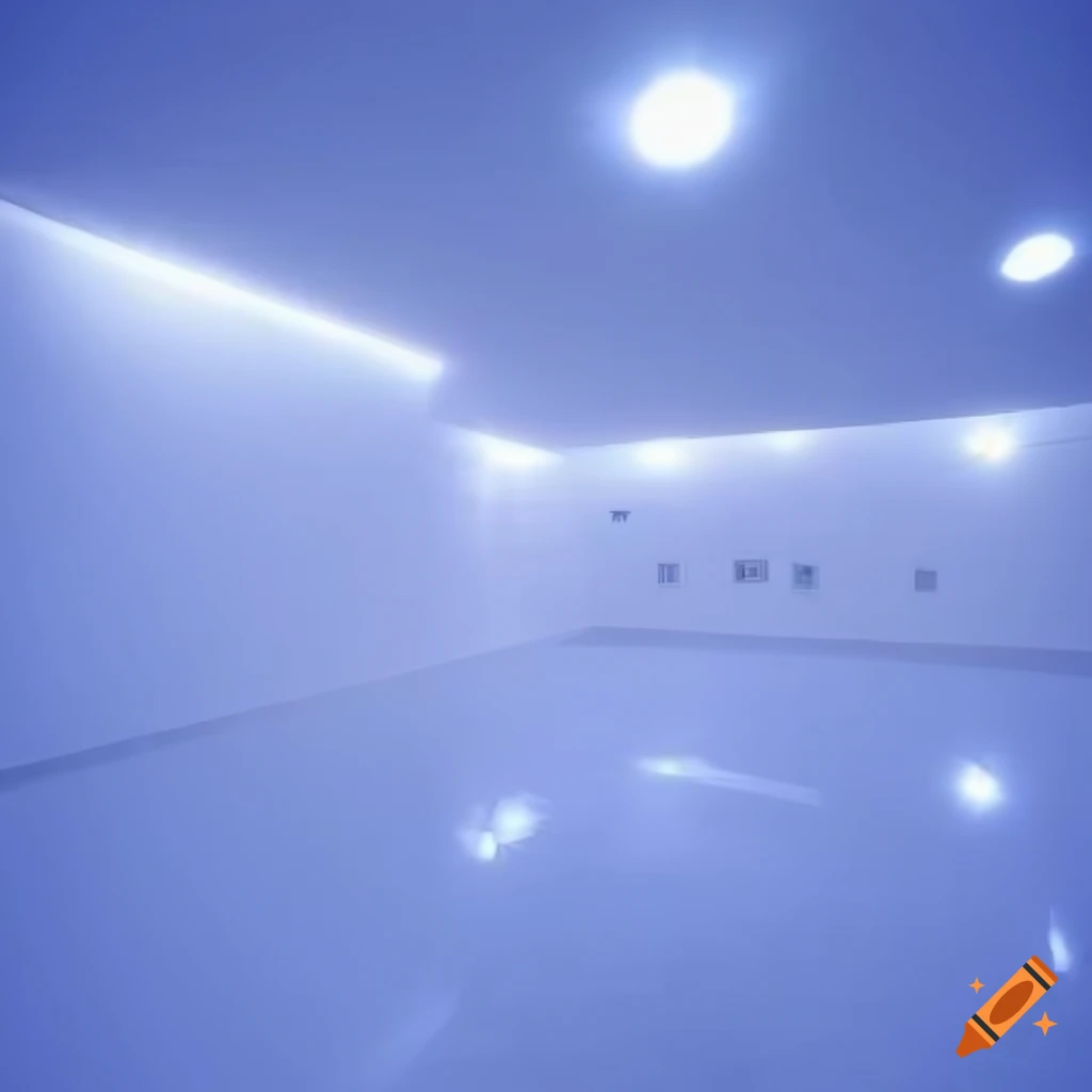 White room illuminated by ice-blue lights in a liminal space on Craiyon