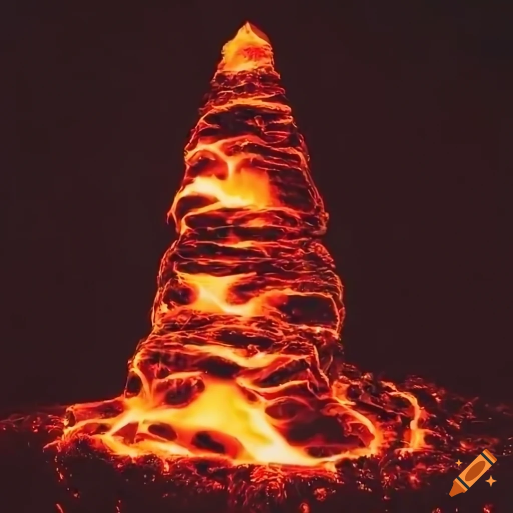 Christmas tree made of fire over molten lava in an outdoor setting
