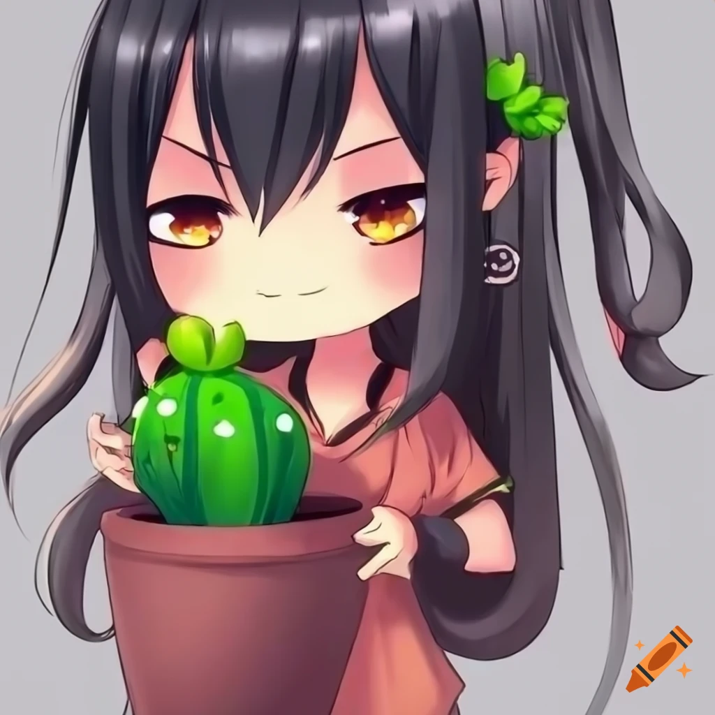 Anime chibi with long black hair holding a cactus in a pot on Craiyon