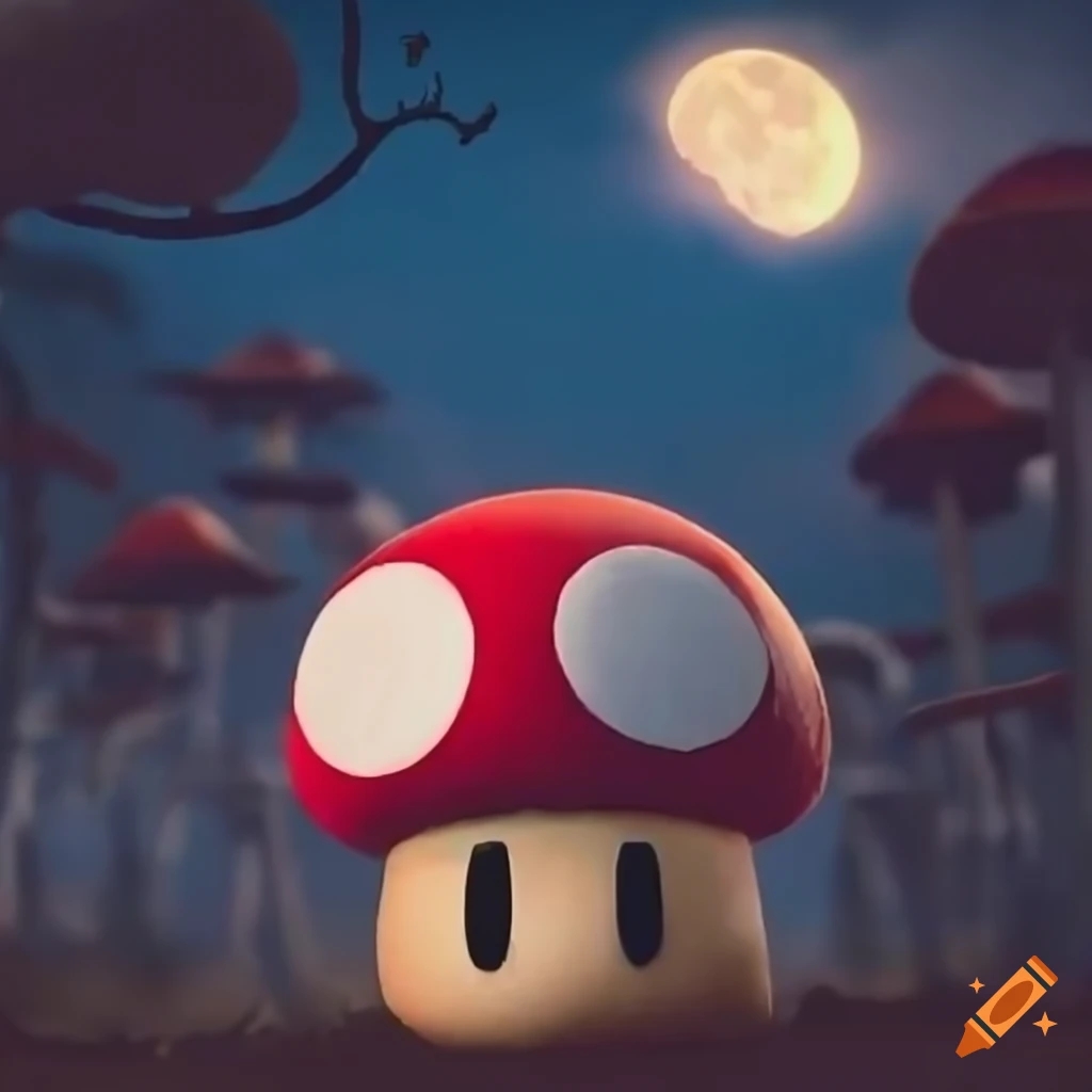 Mario as a mushroom in a moonlit forest with mushroom creatures on Craiyon