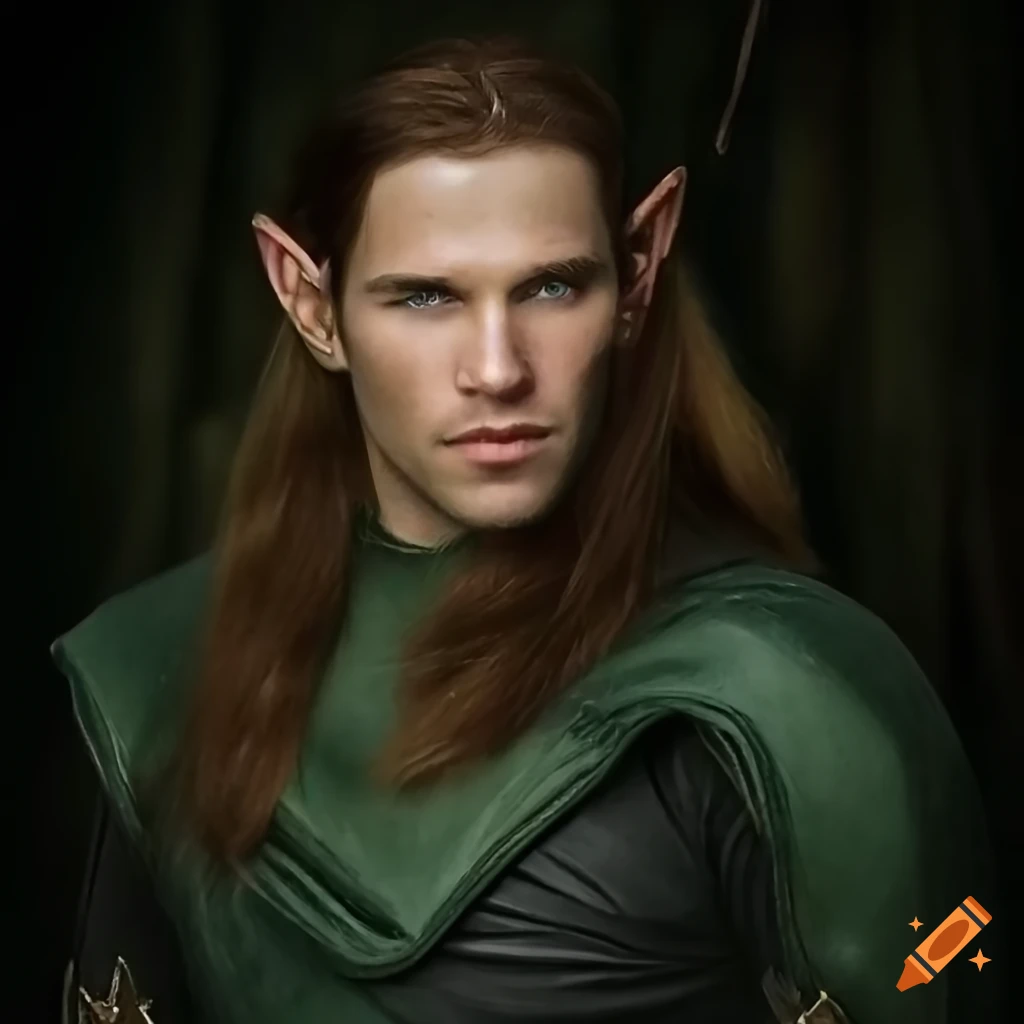 Handsome smirking male elven rogue with long brown hair and green eyes on Craiyon