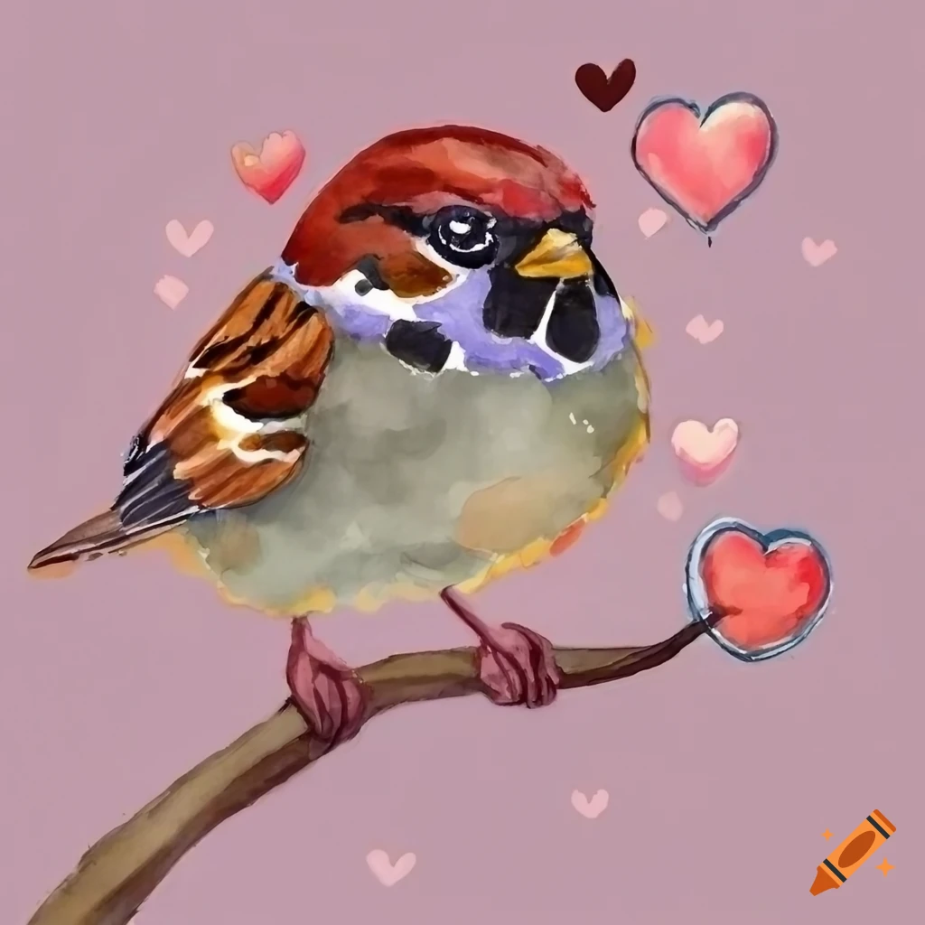 Fluffy chibi sparrow on a branch surrounded by hearts and flowers in a ...