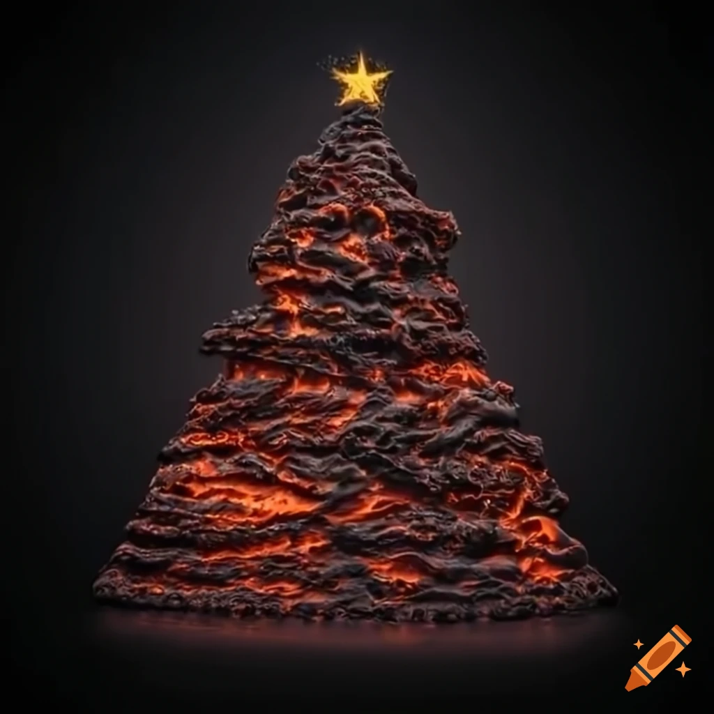 Christmas tree with lava star in a volcanic field, ultra-detailed